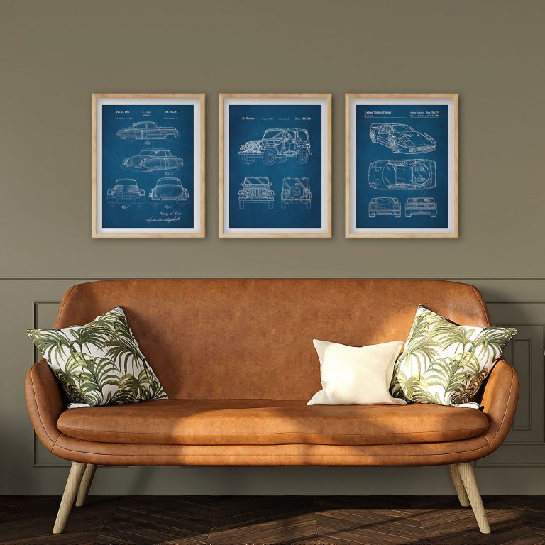 Set of 3 automobile design blueprint - Wall Art, Hanging Wall Decor ...