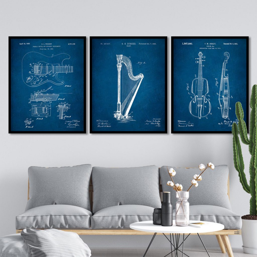 Set of 3 stringed musical instruments blueprint - Wall Art, Hanging ...