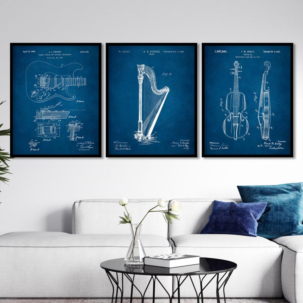 Set of 3 stringed musical instruments blueprint - Wall Art, Hanging ...