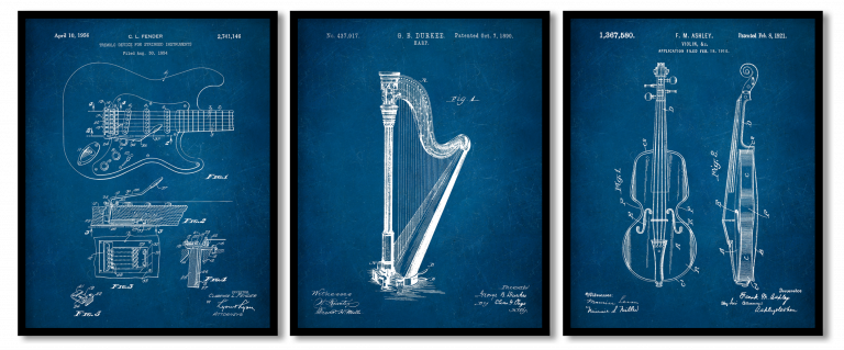 Set of 3 stringed musical instruments blueprint - Wall Art, Hanging ...