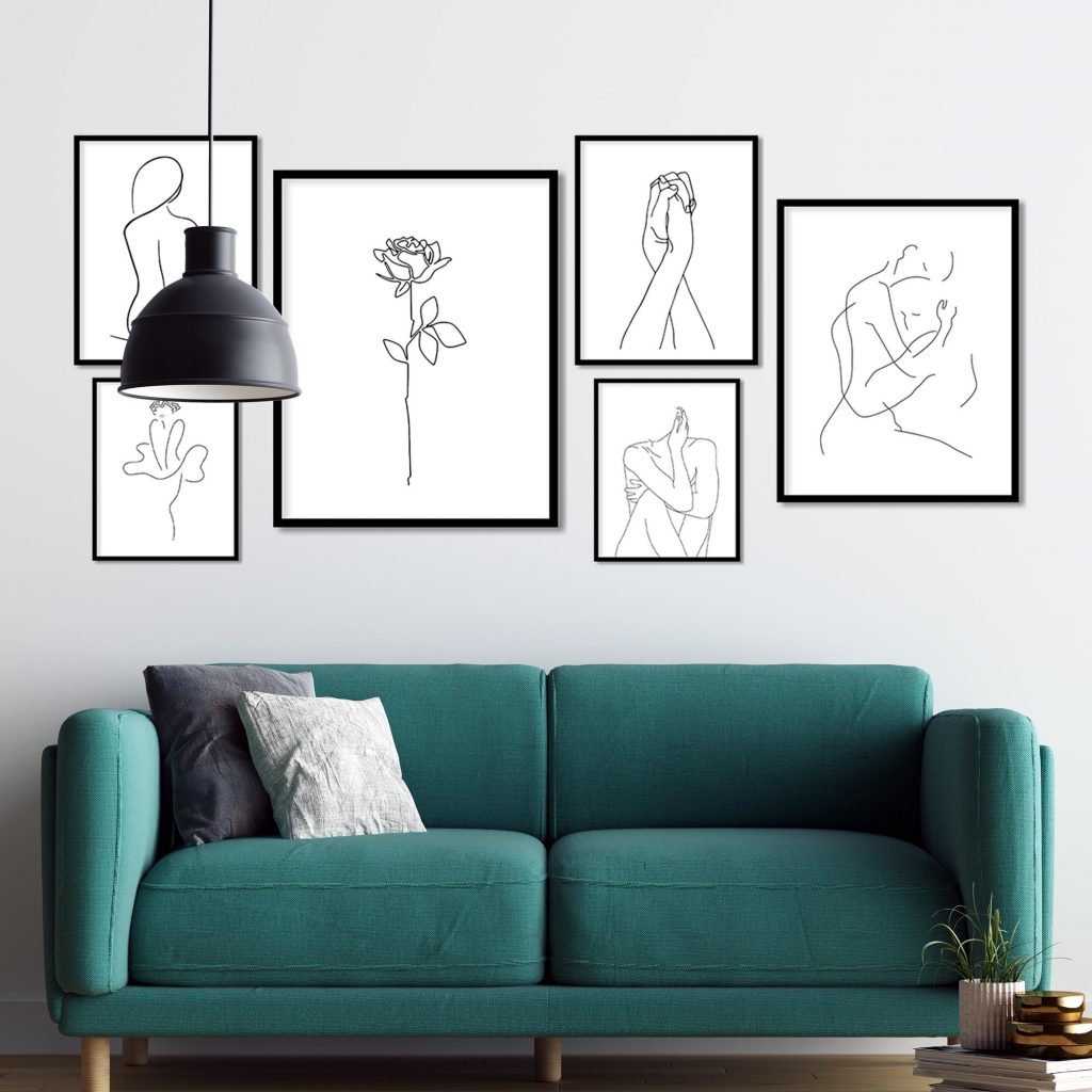 Set of 6 abstract lady and rose line drawing - Wall Art, Hanging Wall ...