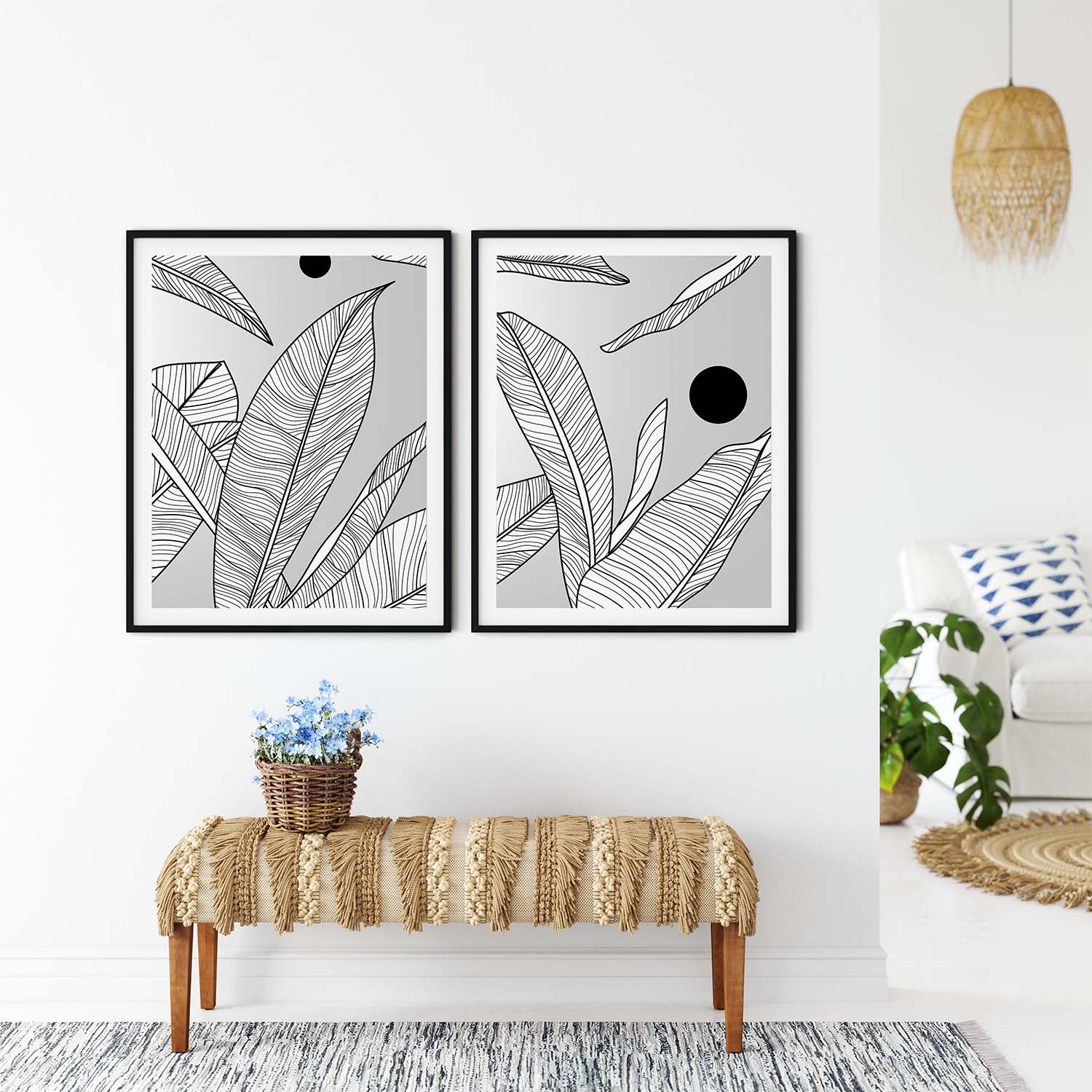 Set of 2 grayscale line drawing leaves #1 - Wall Art, Hanging Wall ...