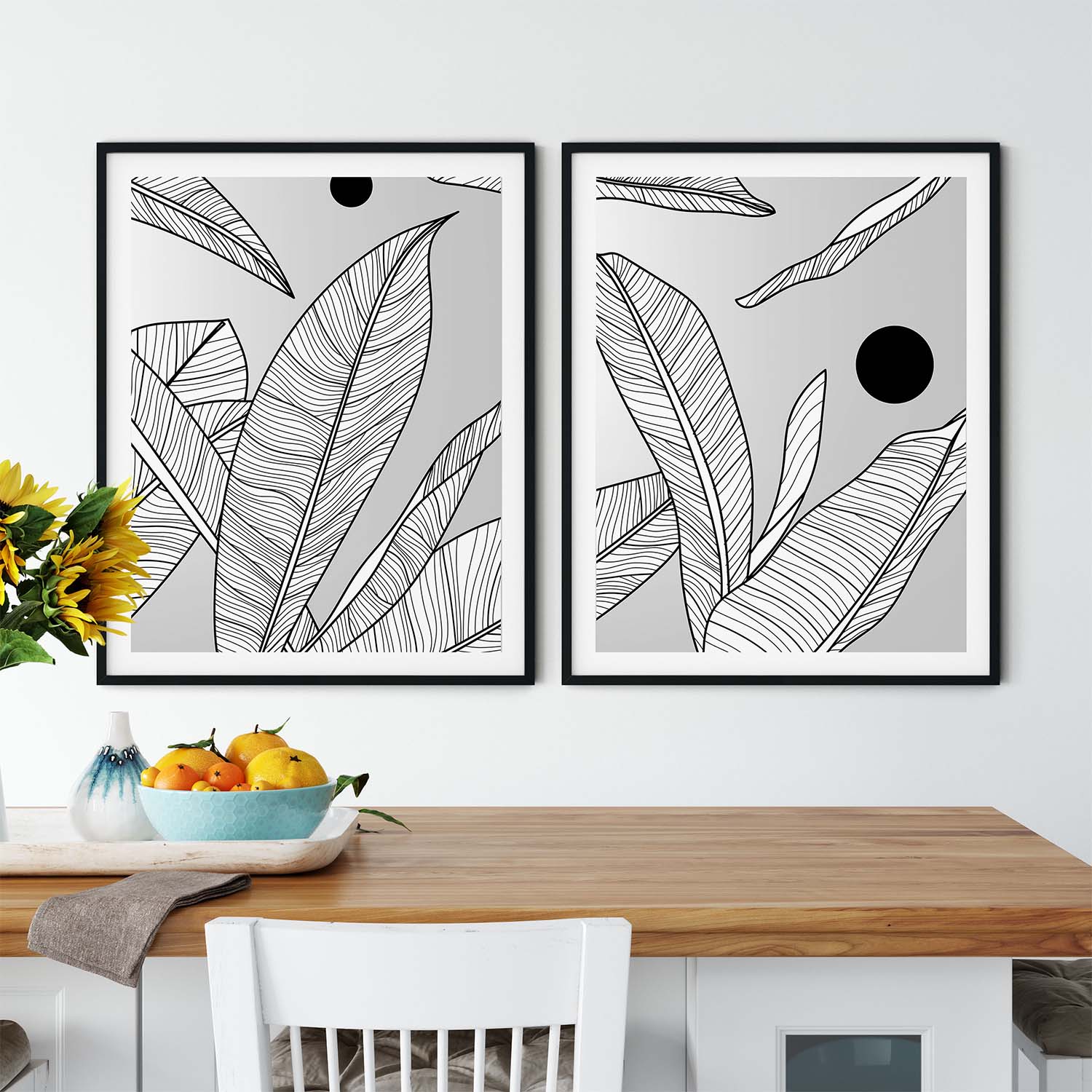 Set of 2 grayscale line drawing leaves #1 - Wall Art, Hanging Wall ...