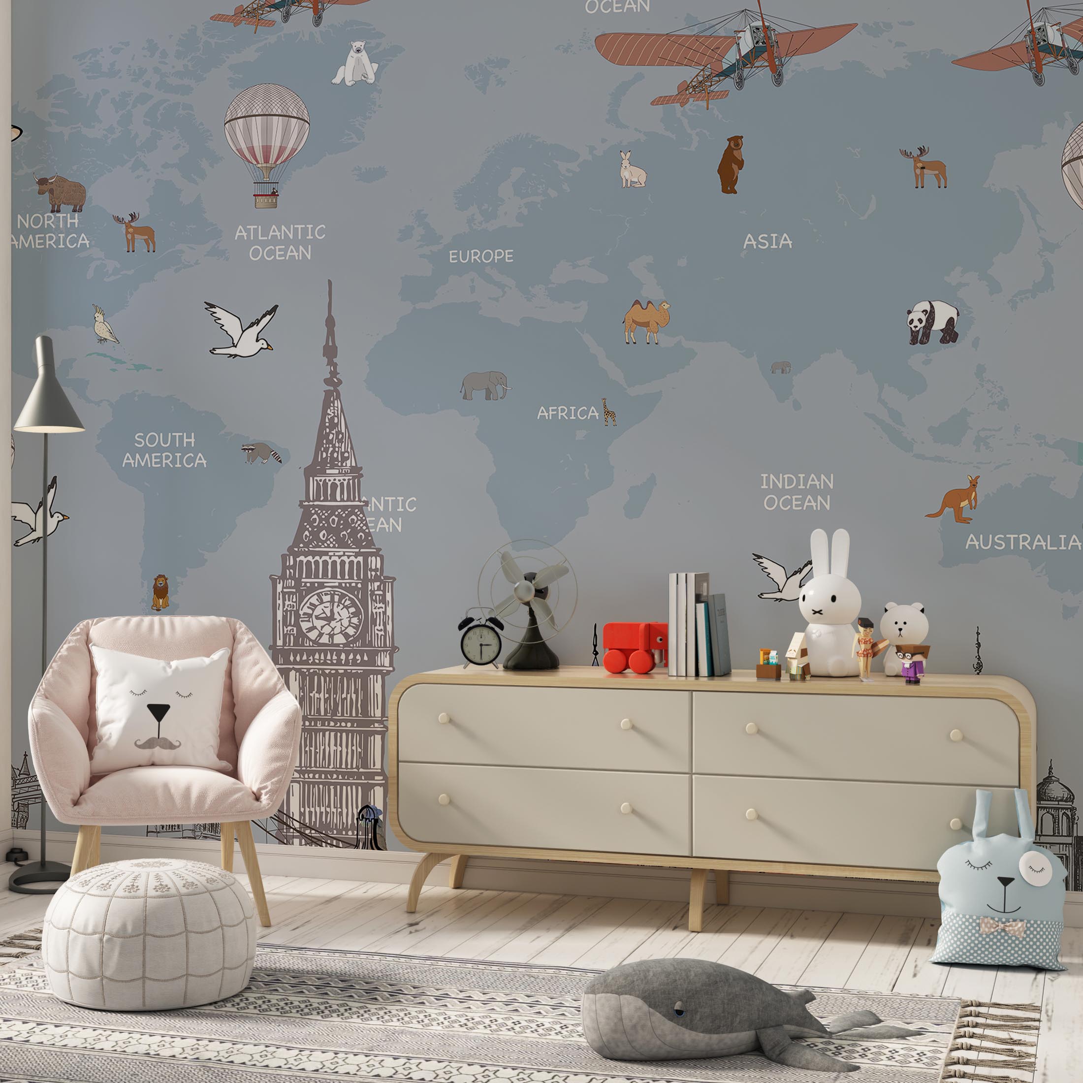 Kids world map animals and landmarks - Wall Murals, Wall Paper Decor ...