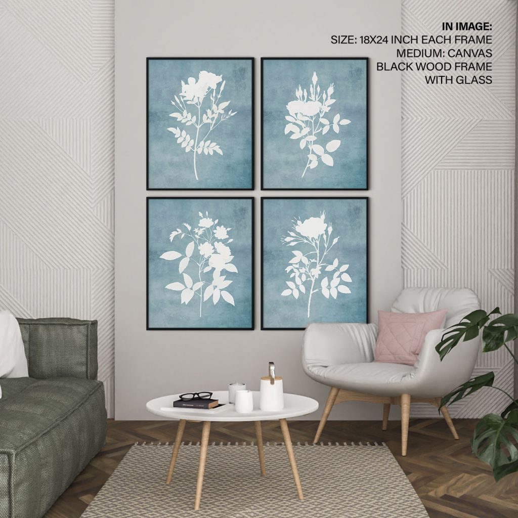 Set of 4 light blue botanical - Wall Art Decor, Framed Painting, Home ...