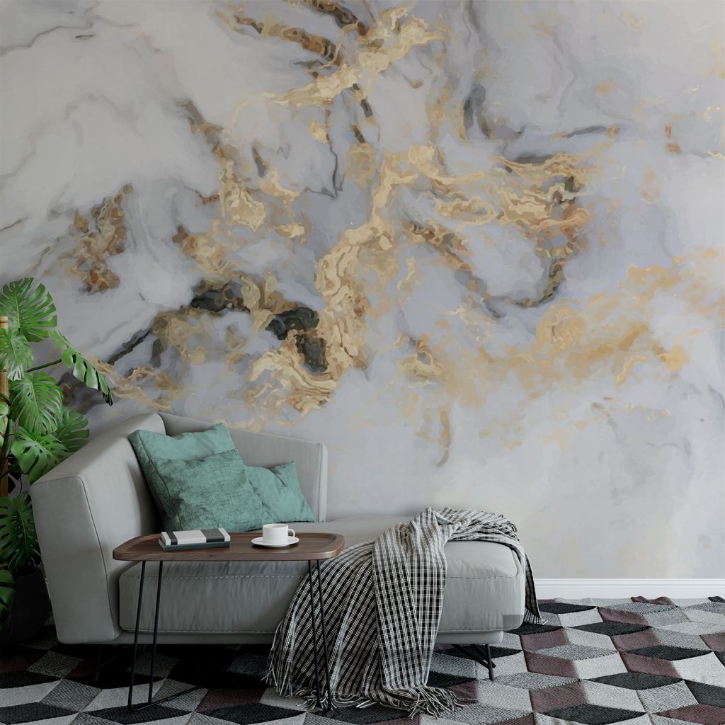 White Marble With Gold Stroke - Wall Mural, PVC free Wall Covering ...