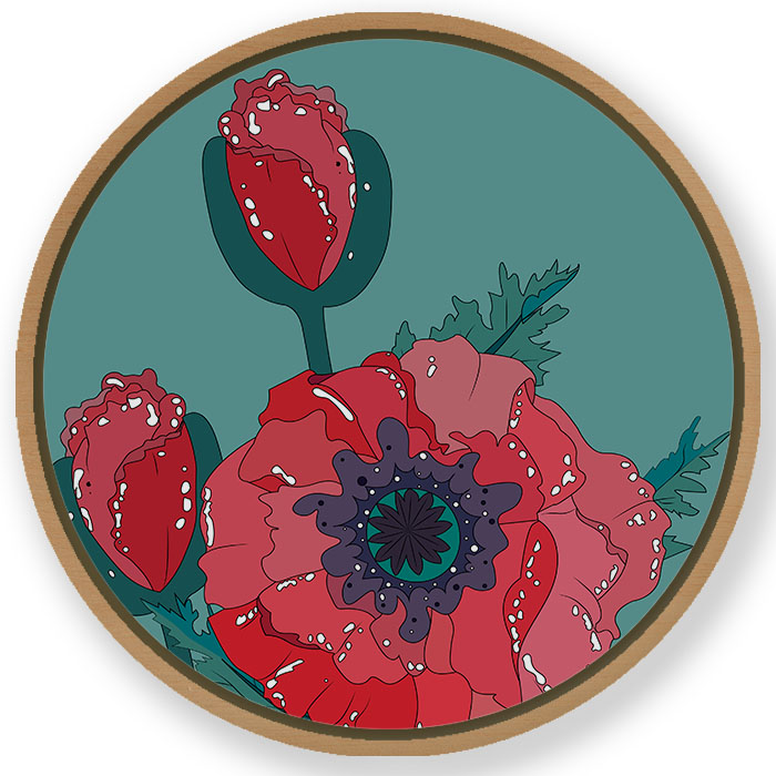 Red opiate flower #271 - Circular Wooden Frame - Wall Art, Hanging Wall ...