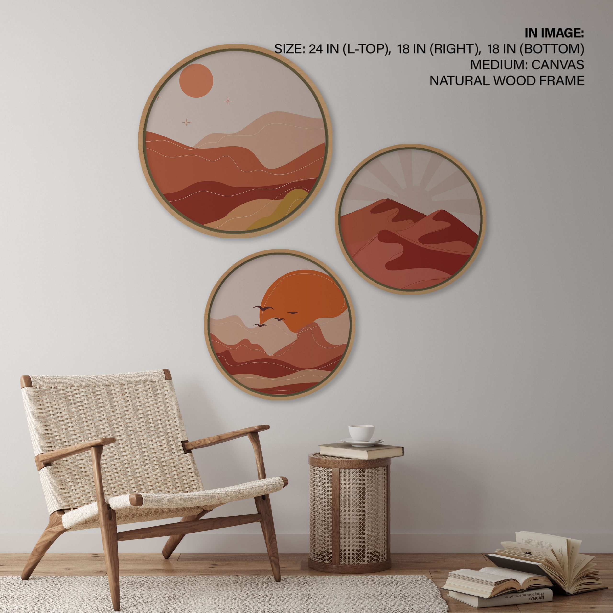 Set of 3 Sunset Scene - Circular Wooden Frames - Wall Art, Hanging Wall ...