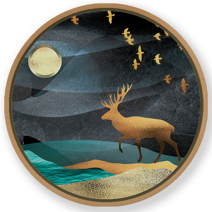 Dark golden deer tree landscape - Circular Wooden Frame - Wall Art ...