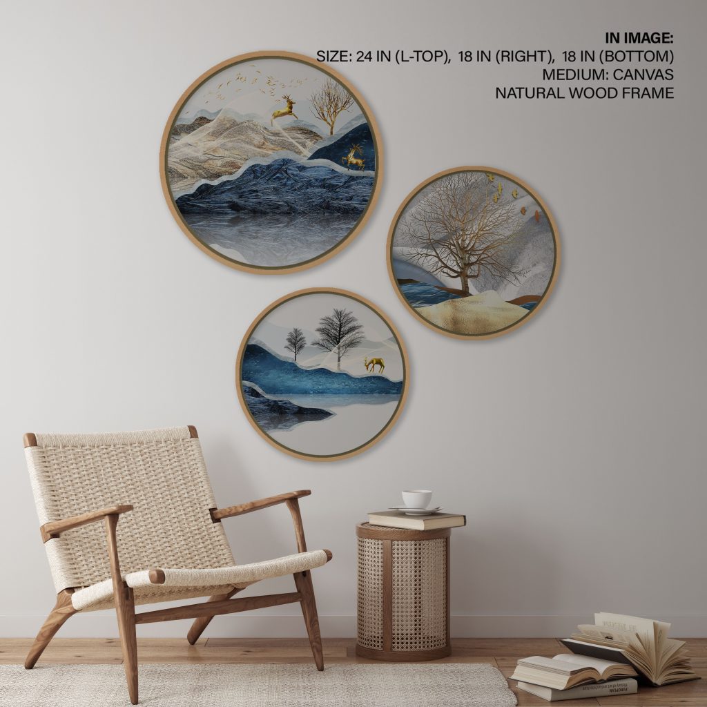 Set of 3 Contemporary Mountain Landscape - Circular Wooden Frames ...