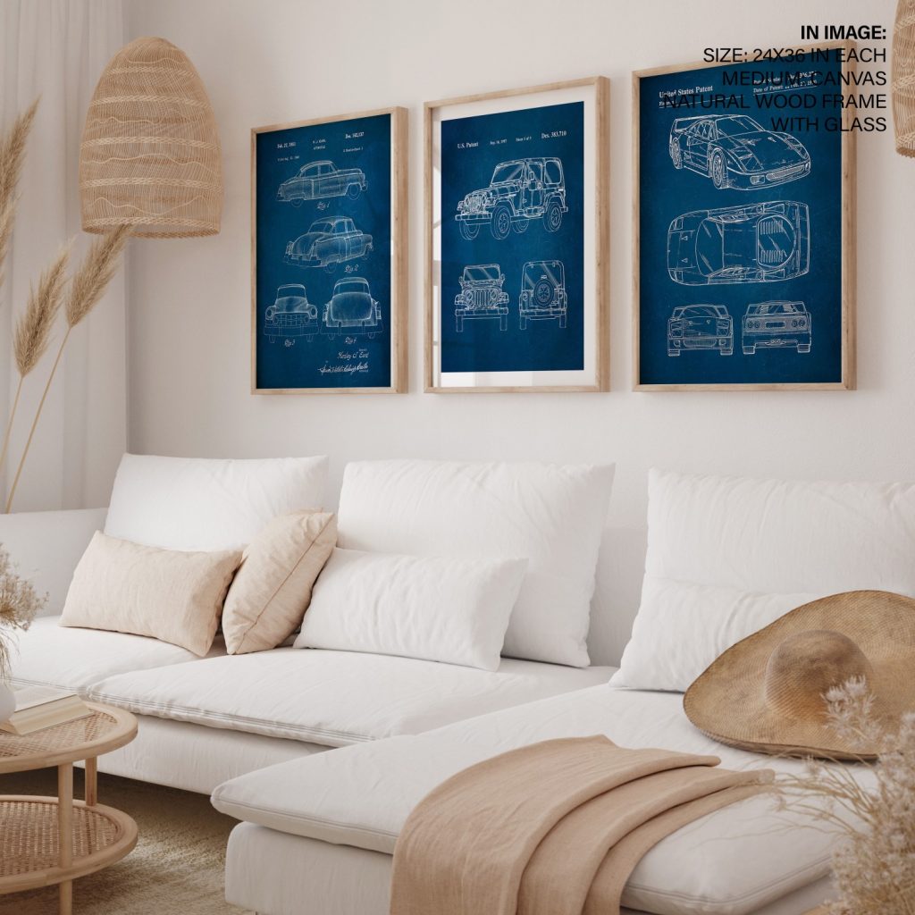 Set of 3 automobile design blueprint - Wall Art, Hanging Wall Decor ...