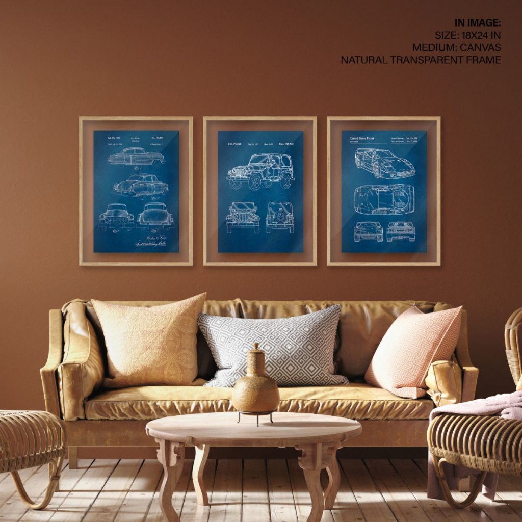 Set of 3 automobile design blueprint - Wall Art, Hanging Wall Decor ...