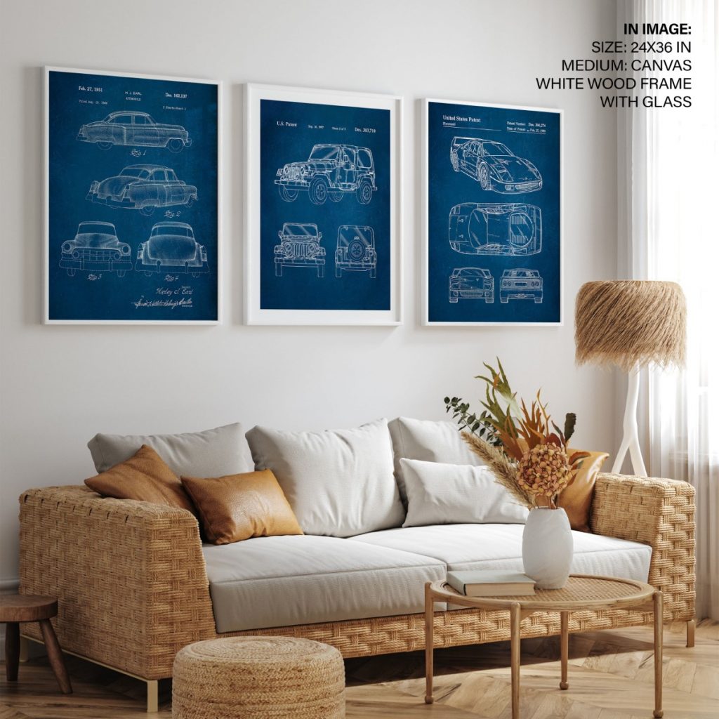 Set of 3 automobile design blueprint - Wall Art, Hanging Wall Decor ...