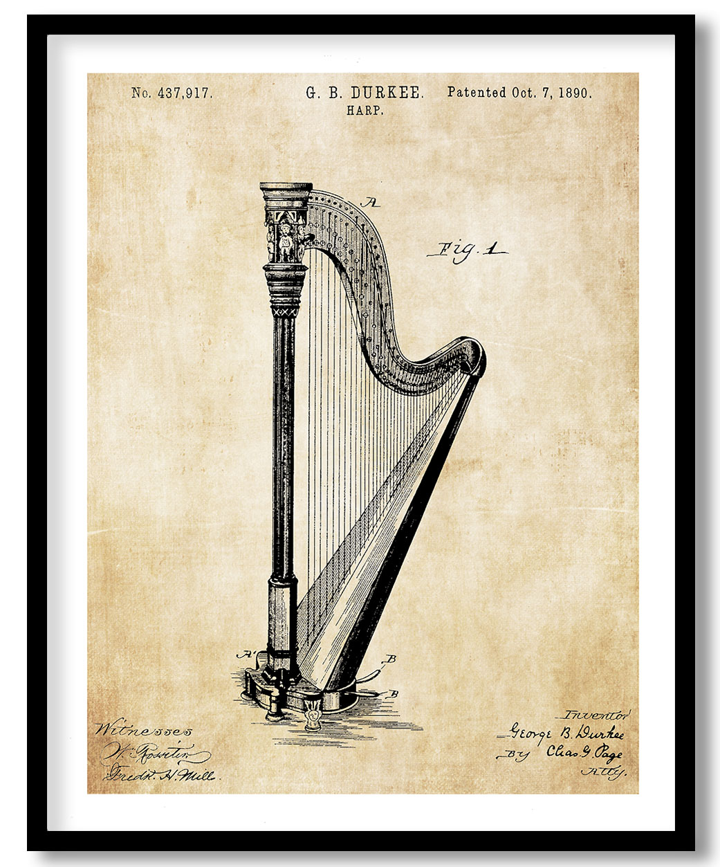 Harp 1890 vintage - Wall Art Decor, Framed Painting, Home Decor ...