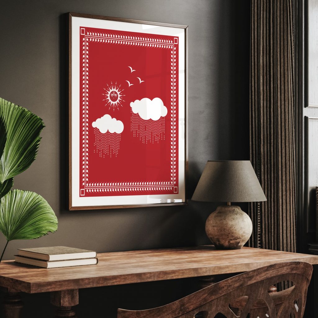 Warli painting of sun and clouds in rainy season - Wall Art, Hanging ...
