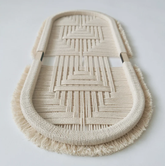 Off White Oval Macrame Woven Triangle Design Wall Hanging - BestOfBharat