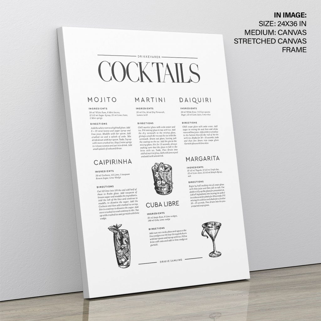 Cocktails ingredients and directions - Bar Poster, Cocktails, Framed ...