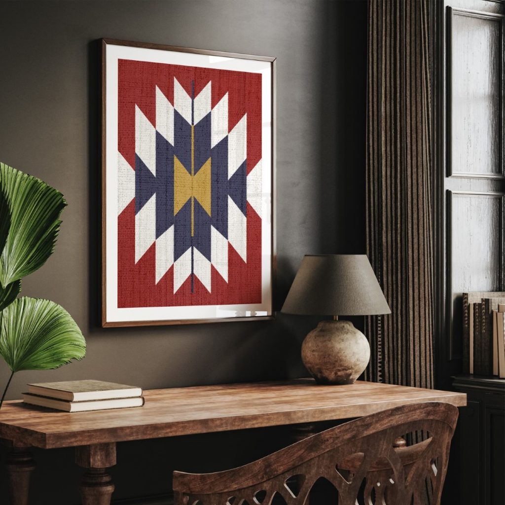 Aztec Print, Western Art Decor, Mexican Rug, Mexico, Tribal, Red Blue ...
