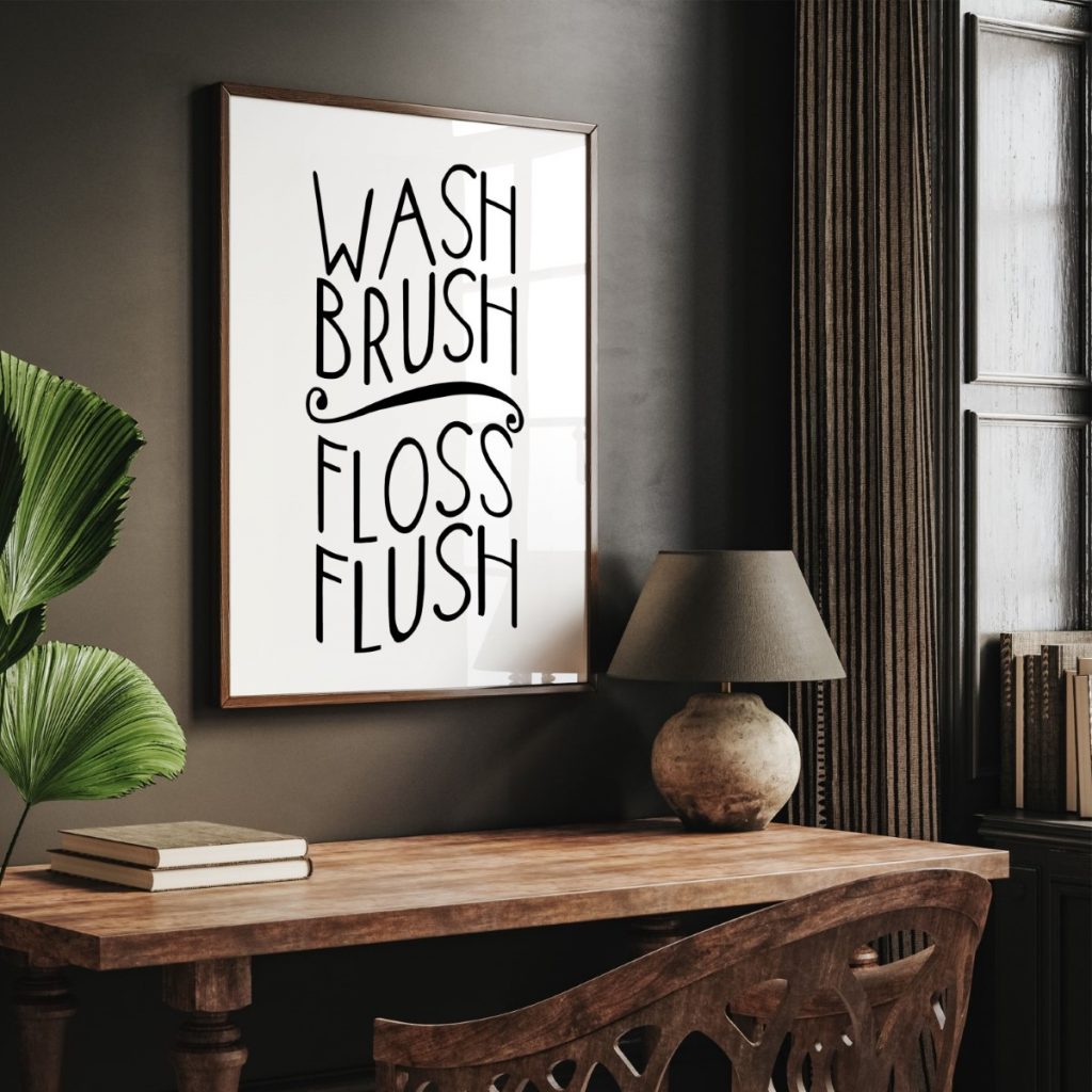 Bathroom Rules framed art Wash Brush Floss Flush Poster Typography ...