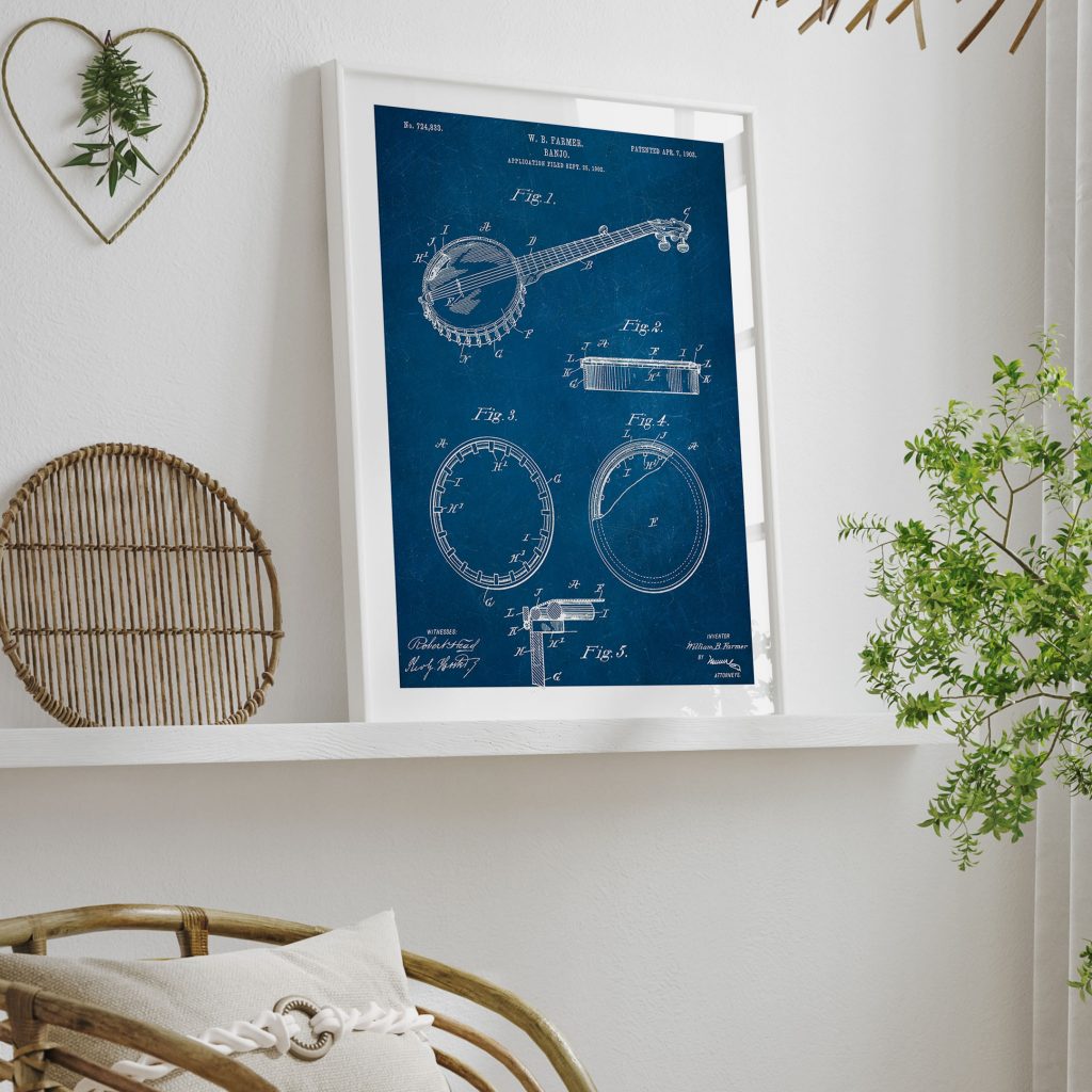 Banjo 1902 blueprint - Wall Art - Choose Size & Frames, Non Toxic Home ...