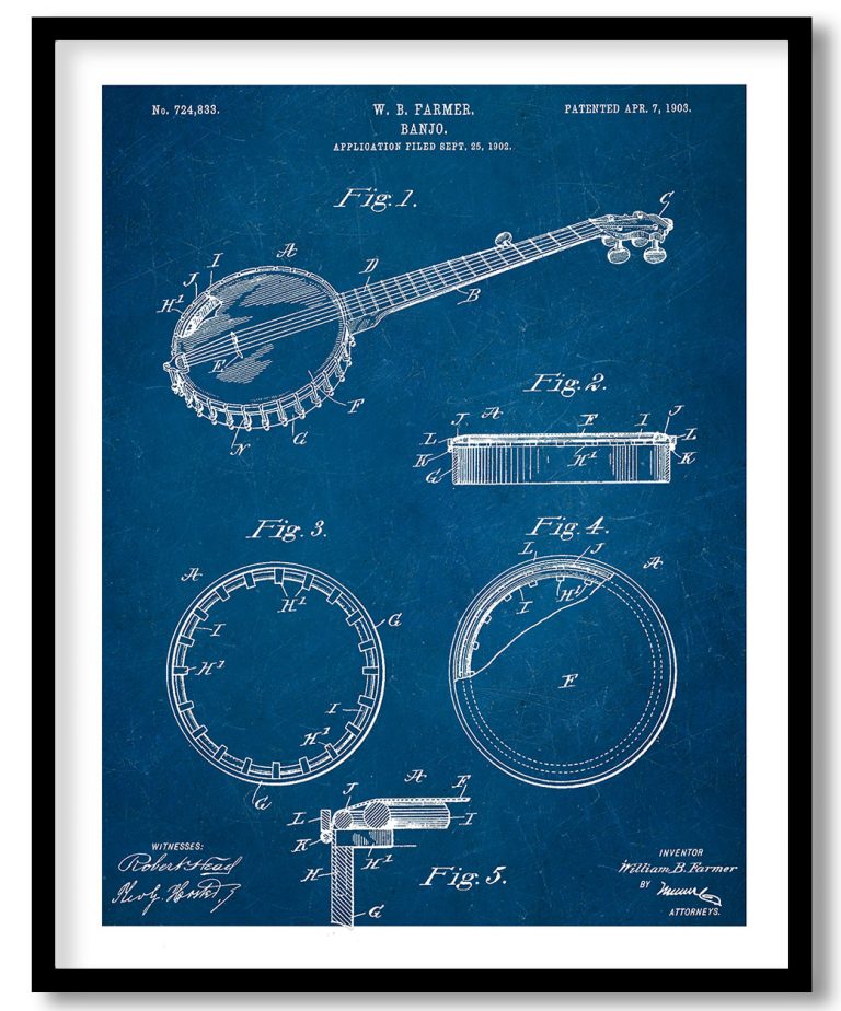 Banjo 1902 blueprint - Wall Art - Choose Size & Frames, Non Toxic Home ...