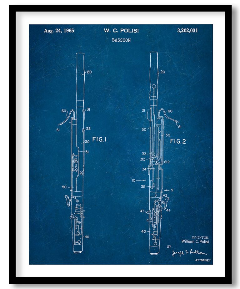Bassoon 1963 blueprint - Wall Art - Choose Size & Frames, Non Toxic ...