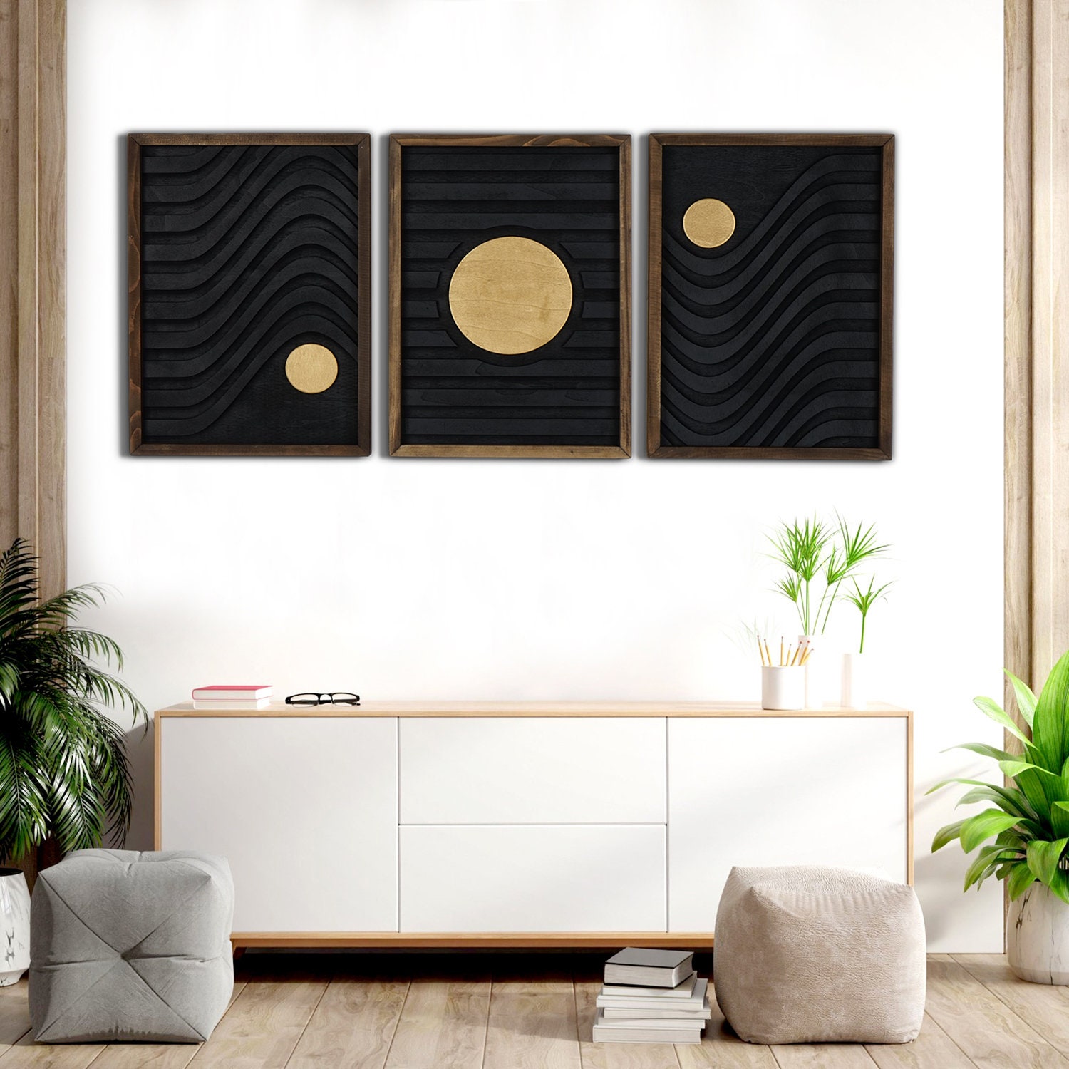 Modern 3-Piece Geometric Wood Wall Art Set for Bedroom, Panels for ...