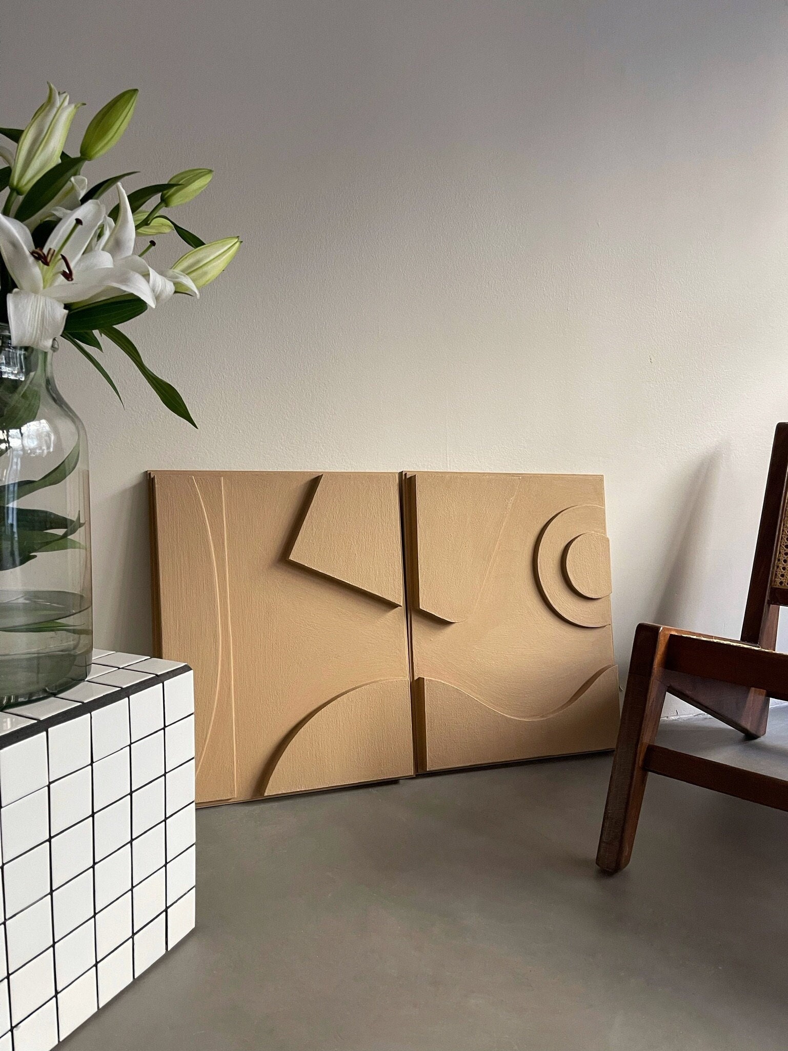 3D Minimalist Sculpture Pair - Artistic Wall Relief - BestOfBharat