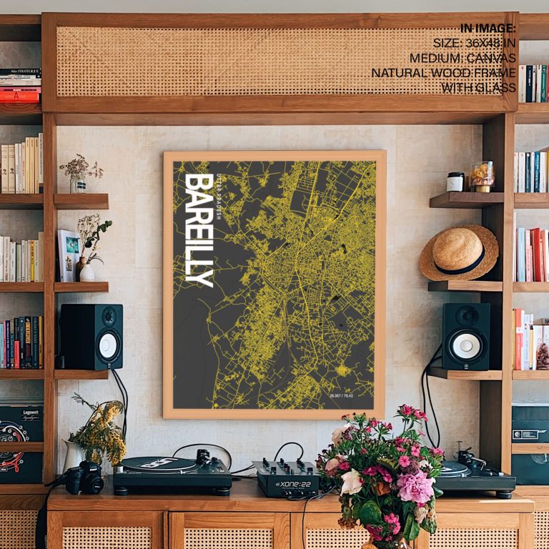 Bareilly Map Art, Yellow-Black, Poster style, Framed & Ready to hang ...
