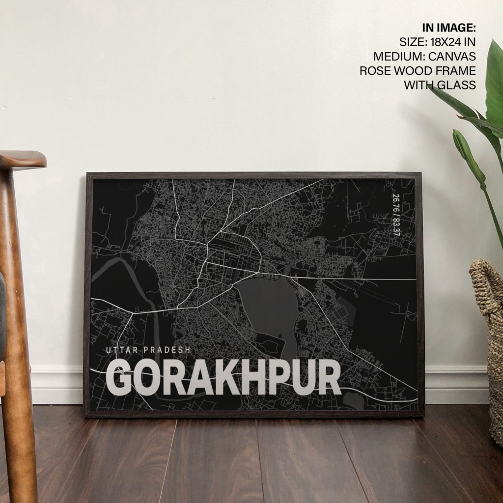 Black poster map of gorakhpur - Wall Art - Choose Size & Frames, Non Toxic Home Decor - BestOfBharat