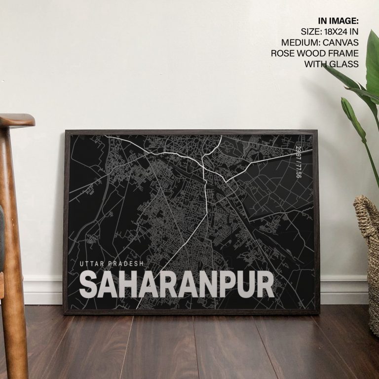 Black poster map of saharanpur - Wall Art - Choose Size & Frames, Non ...