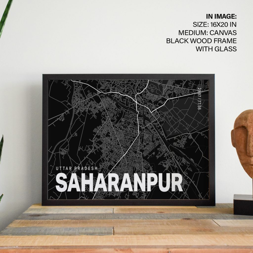 Black poster map of saharanpur - Wall Art - Choose Size & Frames, Non ...