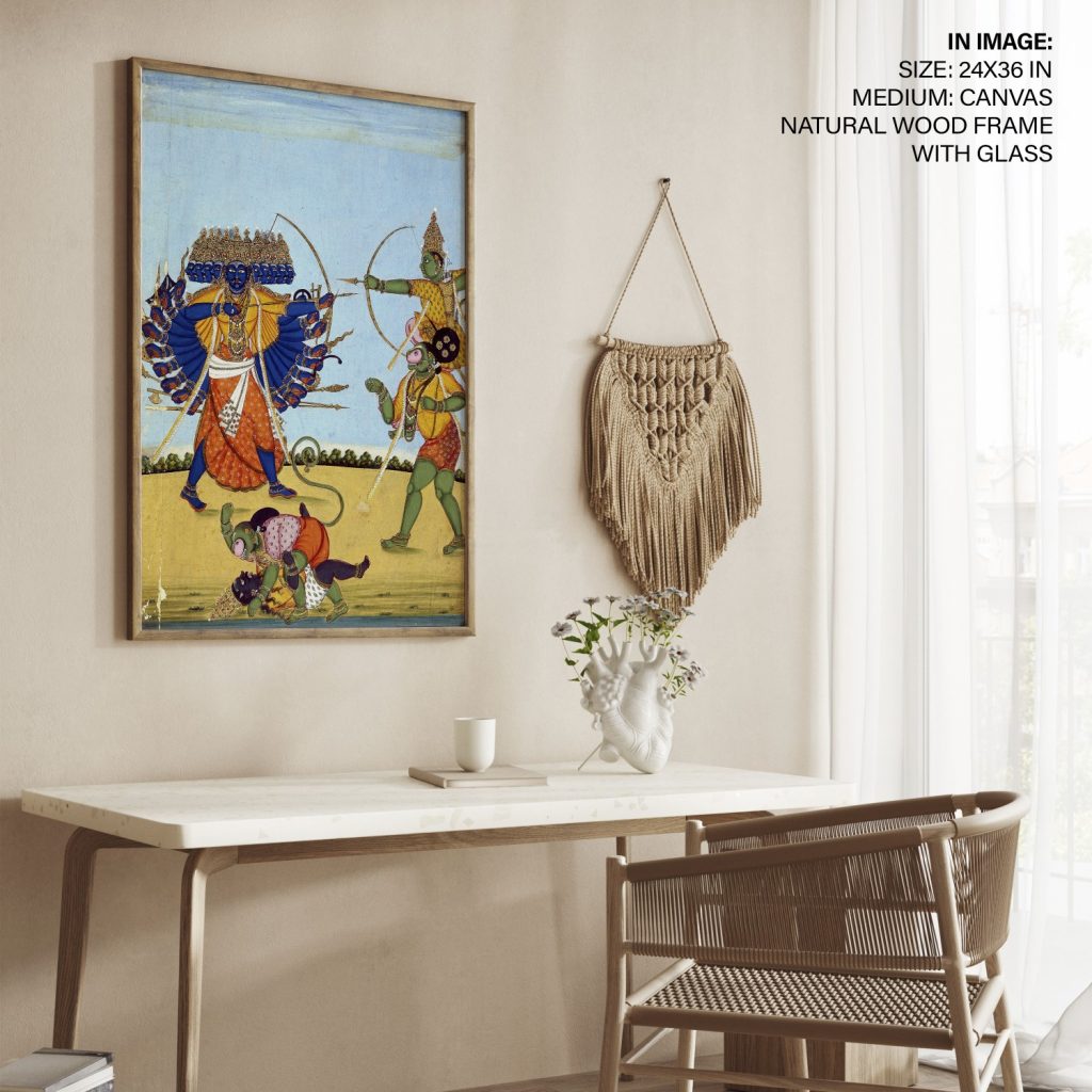 Ram on Hanuman fighting Ravan, an album painting on paper - BestOfBharat