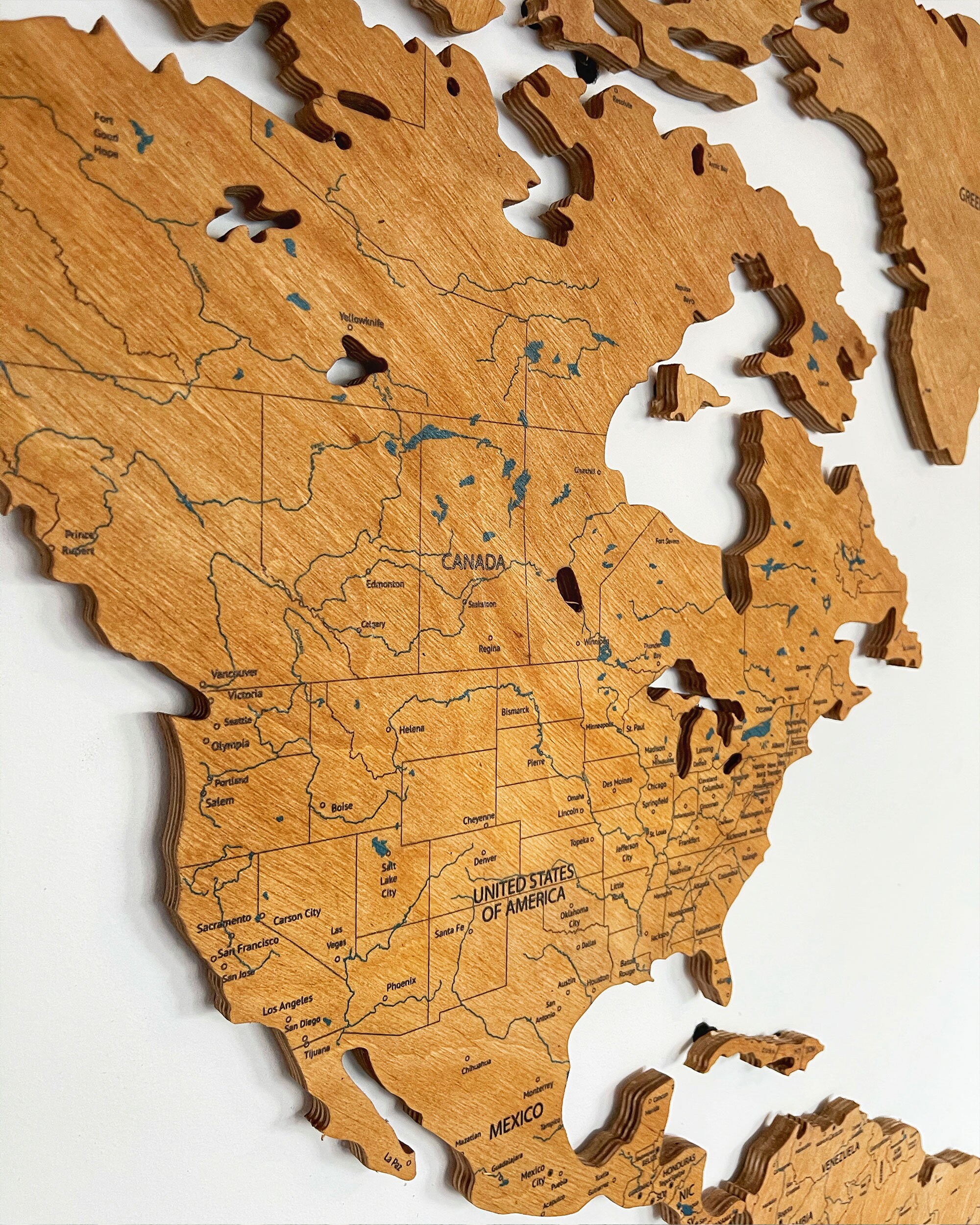 Global Explorer: Wooden World Map Wall Art with City and River Details ...