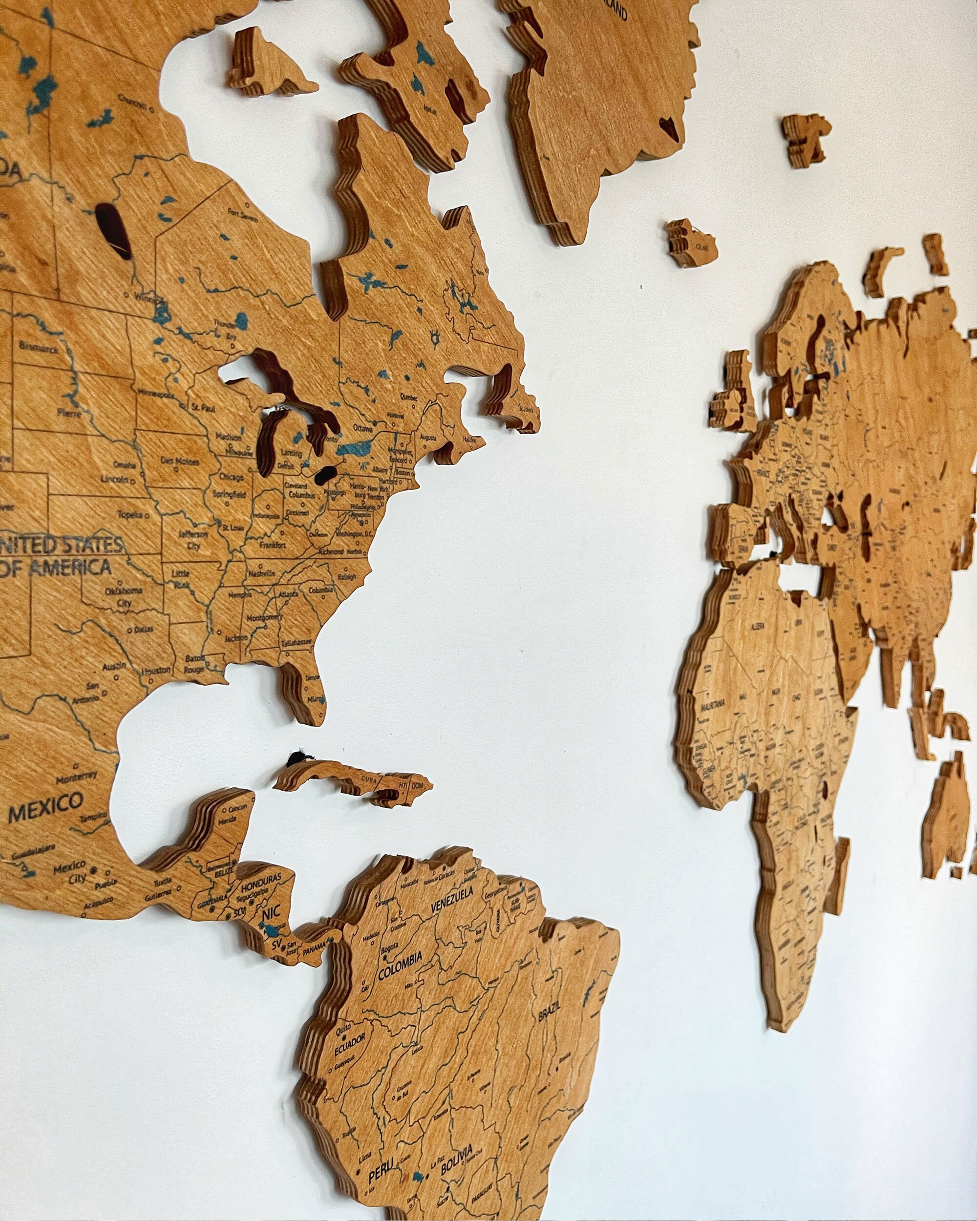 Global Explorer: Wooden World Map Wall Art with City and River Details ...