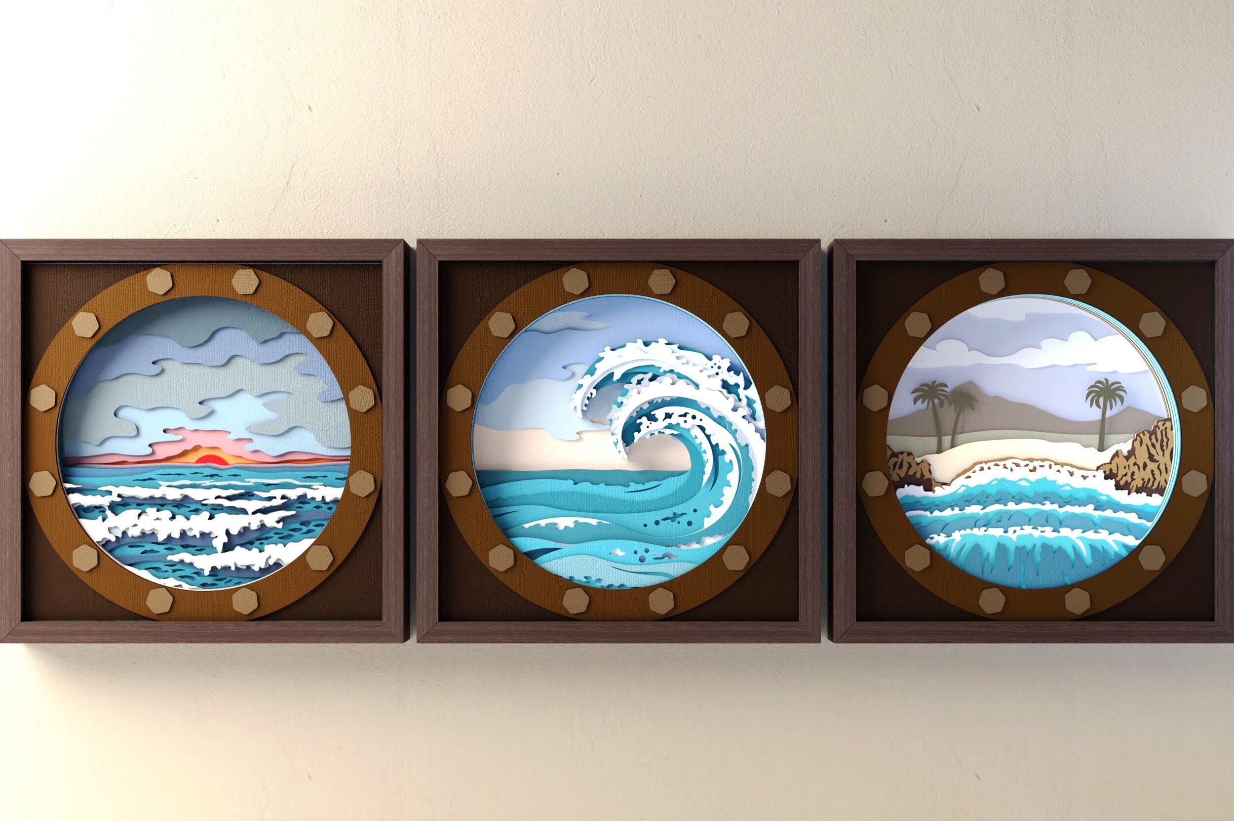 Seaside Serenity Shadow Box Set - Ocean Waves, Beach House and Porthole ...