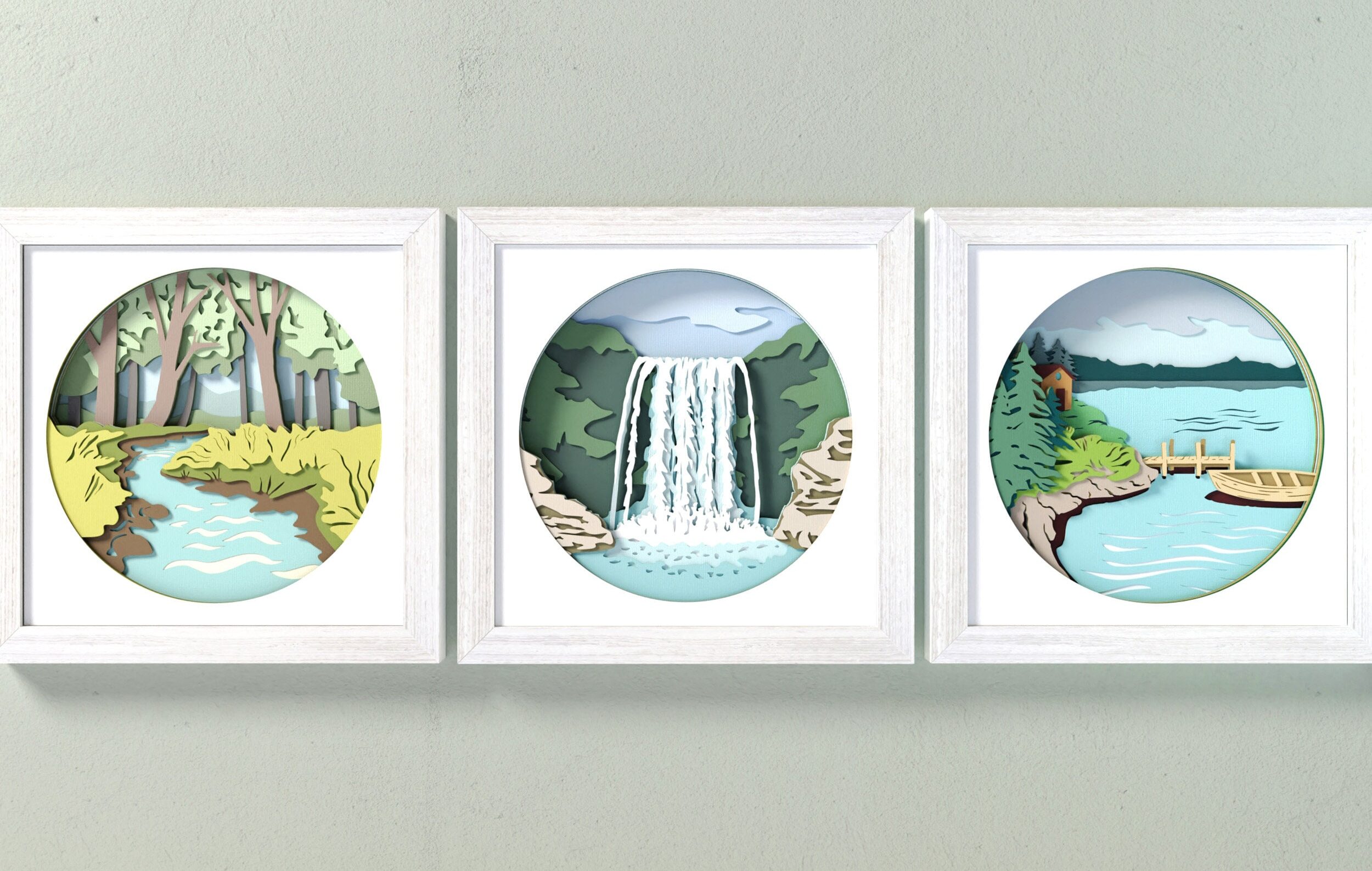 Tranquil Waterscape Trio: River, Lake, and Waterfall 3D Paper Cut ...