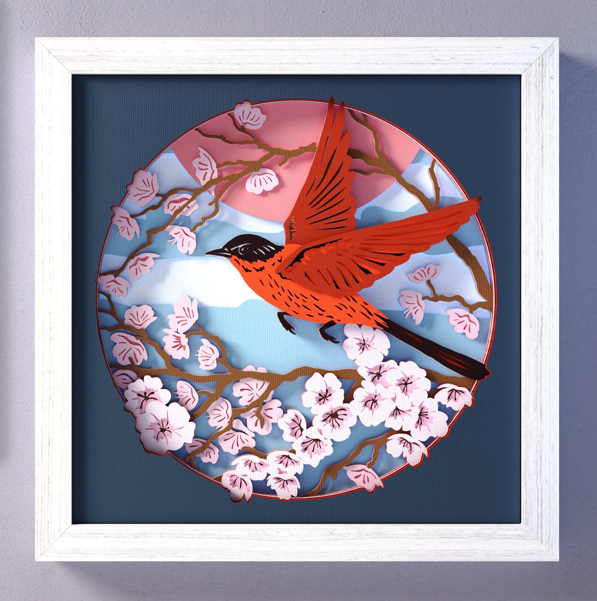 Sunrise Flight Shadow Box with Cherry Blossoms and Birds - BestOfBharat