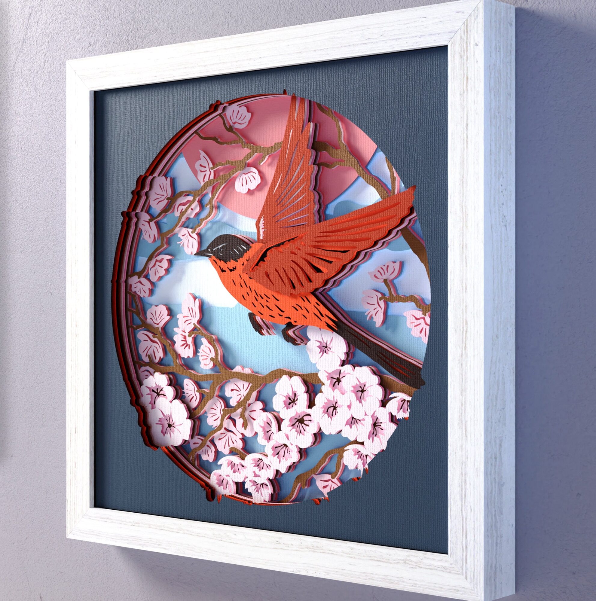 Sunrise Flight Shadow Box with Cherry Blossoms and Birds - BestOfBharat