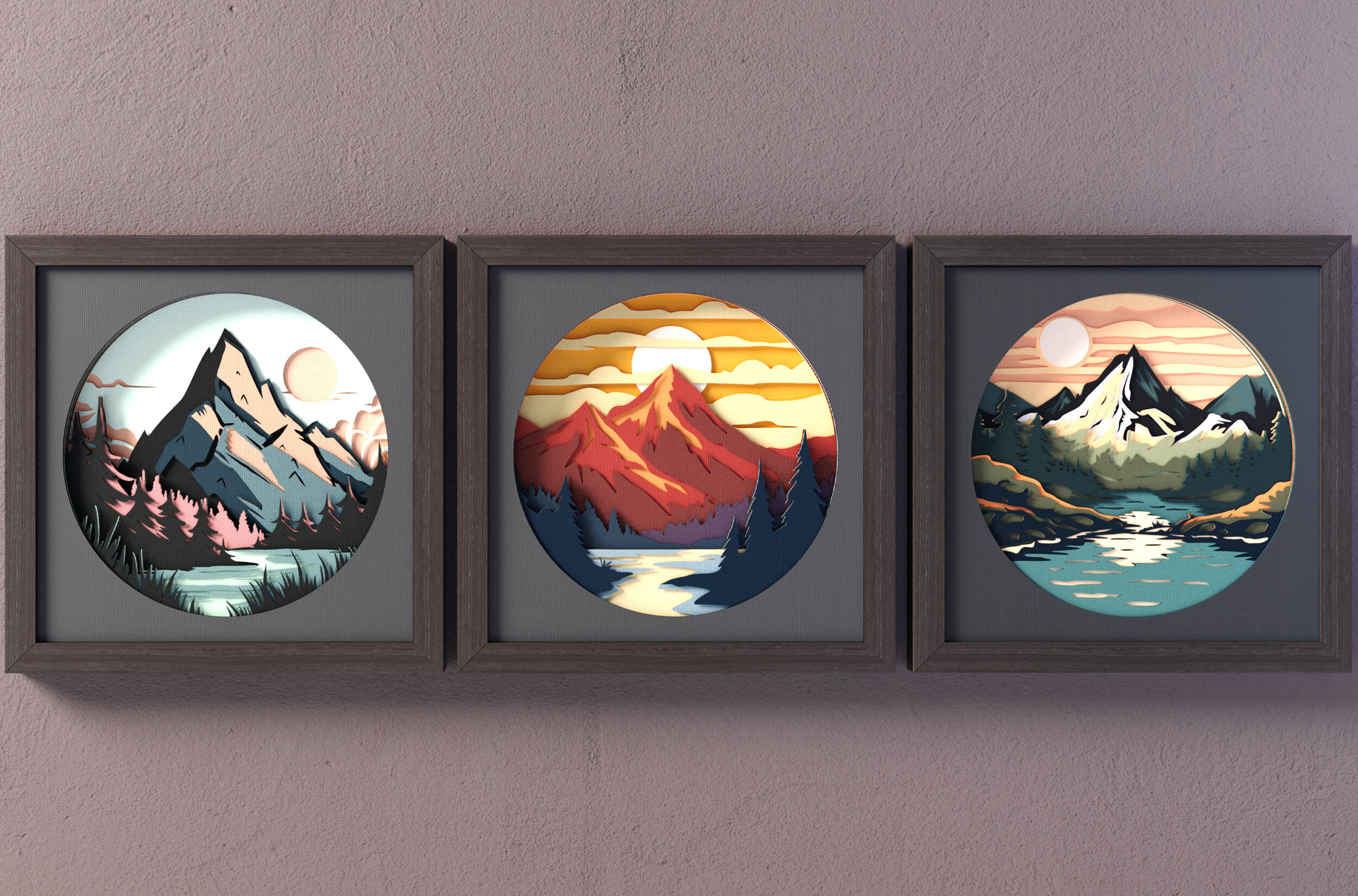 Sunset Over Mountain Lake Shadow Box Trio, Handcrafted Cabin Wall Decor ...