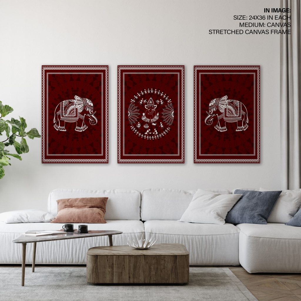 Set of 3 warli ganpati and hathi line drawing - BestOfBharat
