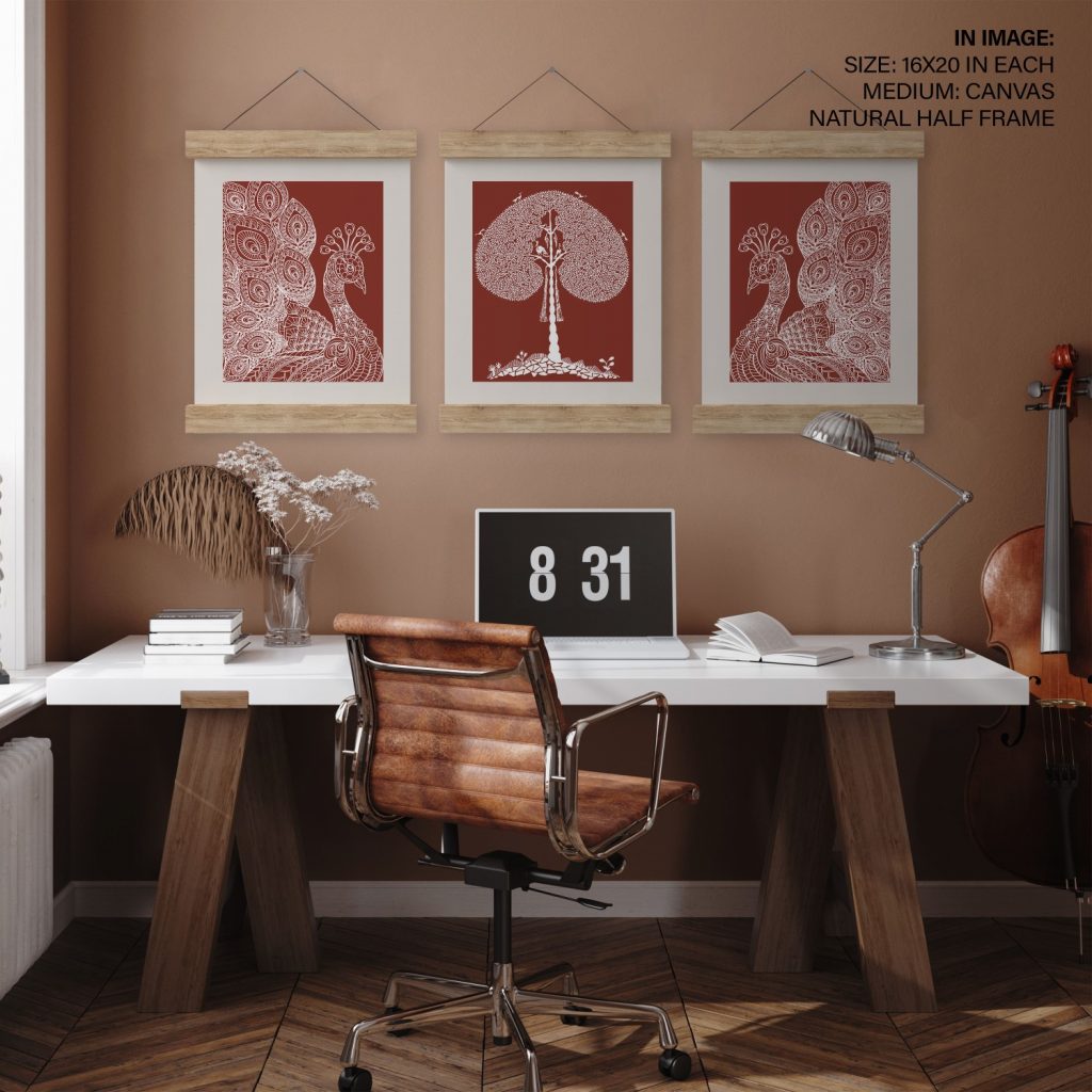 Set of 3 mor and warli vriksha line drawing - BestOfBharat