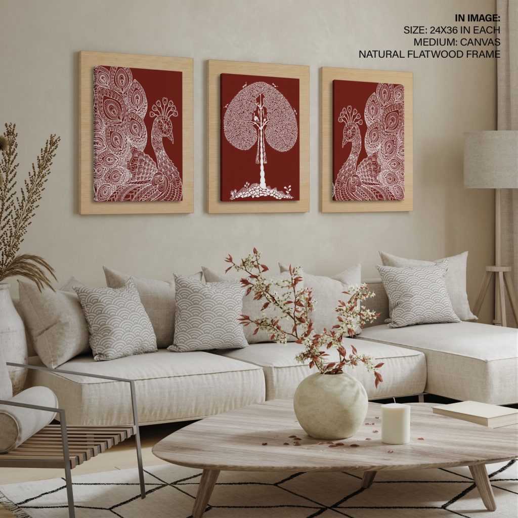 Set of 3 mor and warli vriksha line drawing - BestOfBharat