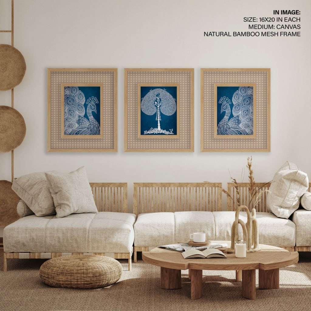 Set of 3 indigo mor and vriksha line drawing - BestOfBharat